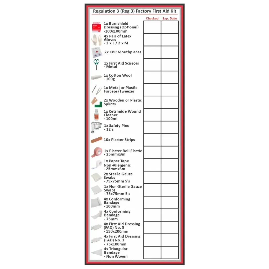 Regulation 3 First Aid Kit Checklist Sticker – Vinyl Content List