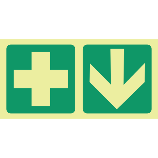 E7A - SABS Photoluminescent First aid cross, arrow down safety sign | Safety Signs & Equipment