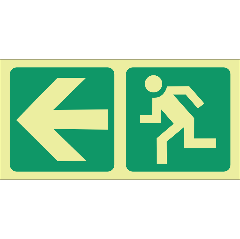 E2 - SABS Photoluminescent arrow left, running man safety sign | Safety ...